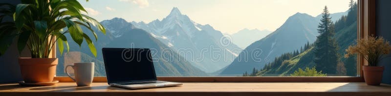 Large Window, Mountain Backdrop, Laptop Coffee , Bright, Productivity ...