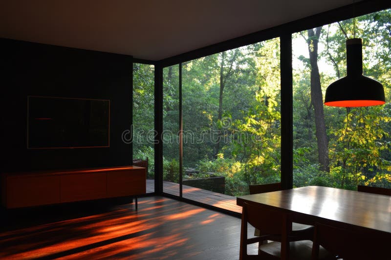 A Large Window Offers a View of a Serene Forest Landscape. Stock Image ...