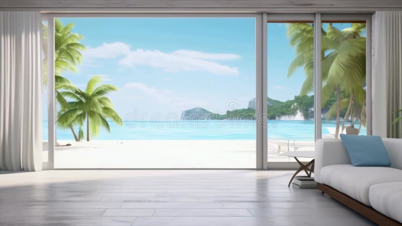 A Large Window Overlooking a Beach with Palm Trees Stock Footage ...
