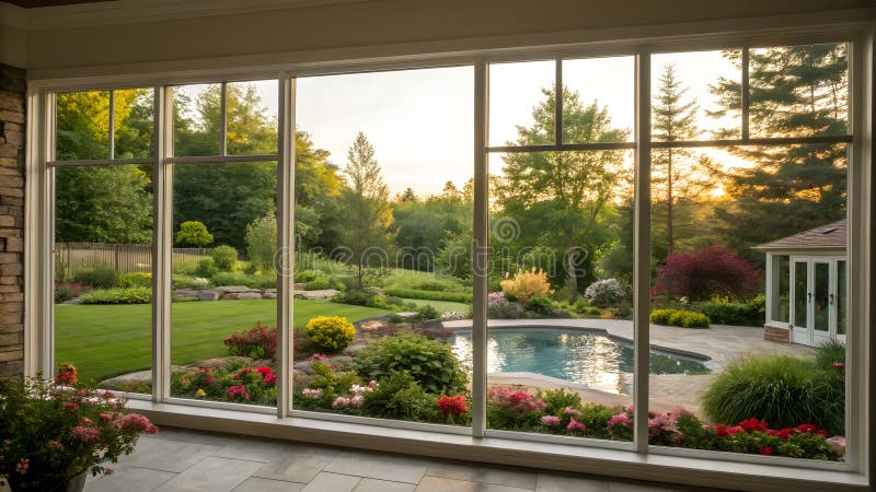 Large Window Overlooking Summer Backyard with Pool and Garden Stock ...
