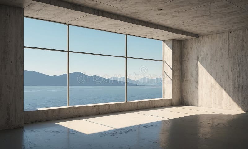 Large Window with Panes Overlooking Serene Body Water and Distant ...