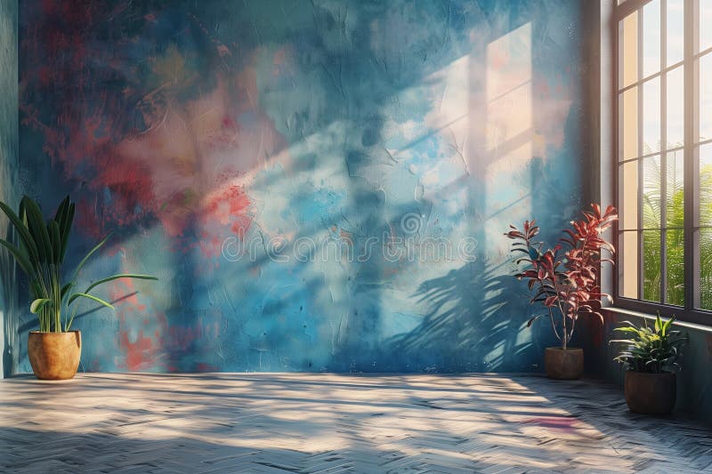 Sunlight Streaming through Window Onto Blue Wall with Plants in Room ...