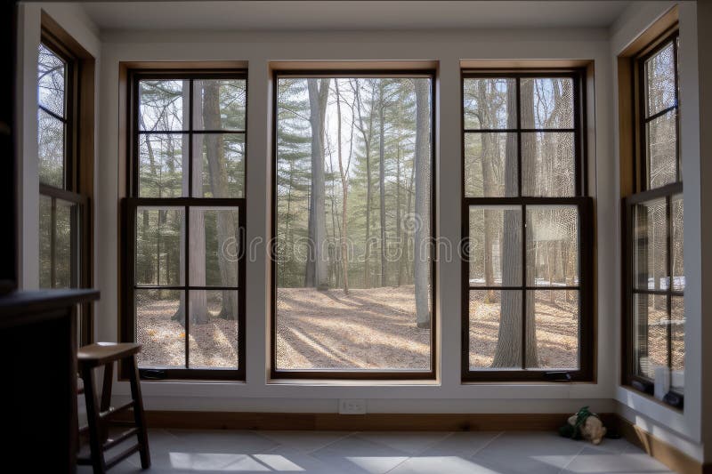 Large Window with View of the Woods and Cottage Porch Visible Stock ...