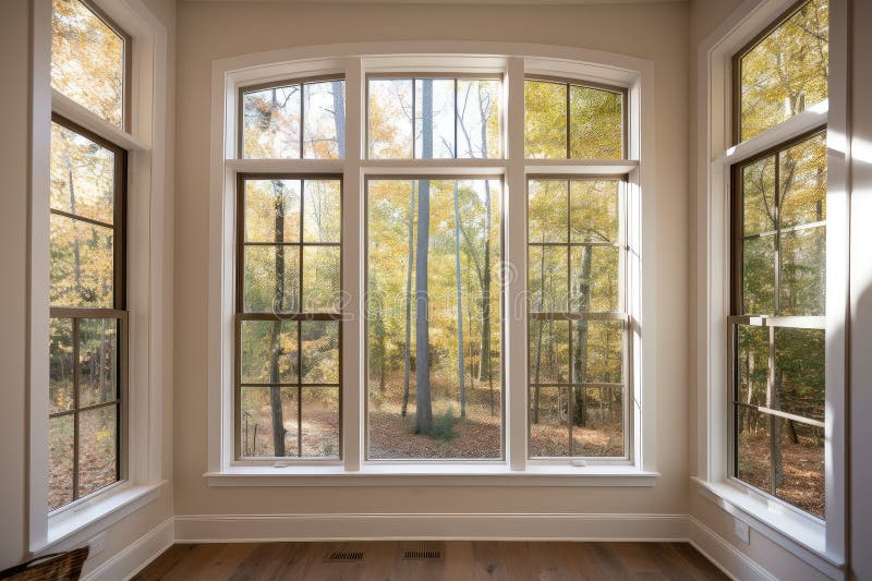 Large Window with View of the Woods and Cottage Porch Visible Stock ...