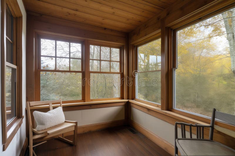 Large Window with View of the Woods and Cottage Porch Visible Stock ...