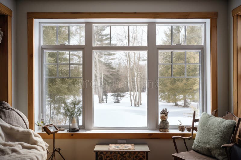 Large Window with View of the Woods and Cottage Porch Visible Stock ...