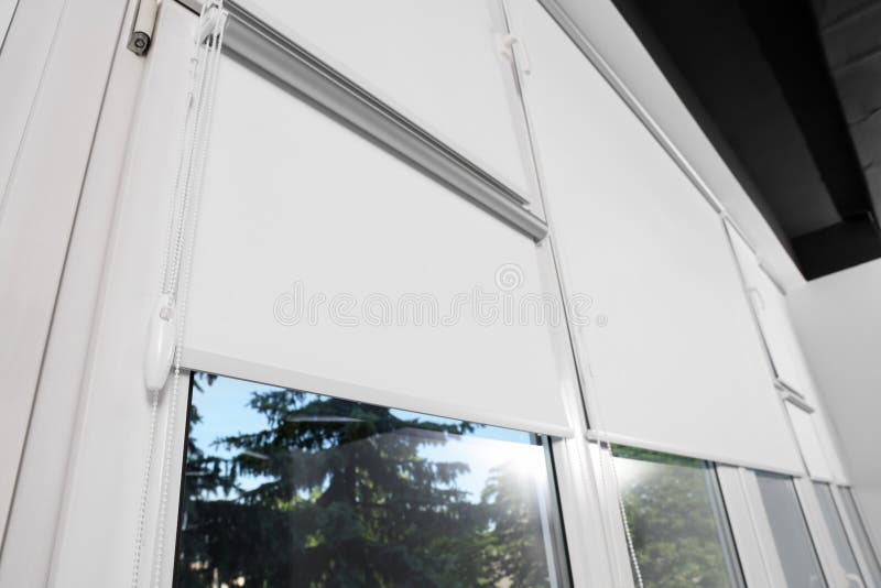 Large Window with White Roller Blinds Indoors, Low Angle View Stock ...