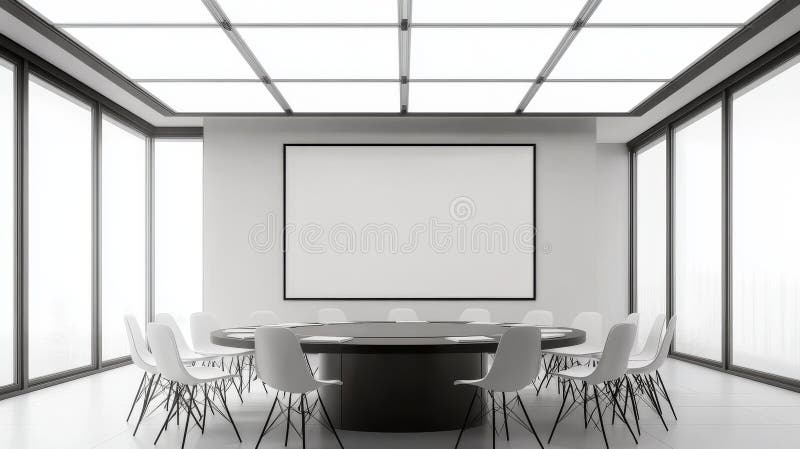 Large Windows and Blank Screen Template in a Modern Conference Room ...