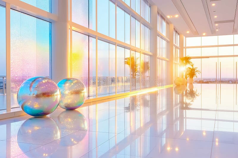 Large Windows Frame a Colorful Sunset while Decorative Spheres Add a ...