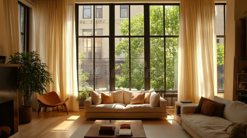 Large Windows with Sheer Curtains Framing a Cozy Living Room Stock ...