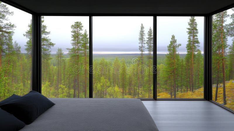 Large Windows Showcase a Misty Forest View in this Inviting Bedroom ...