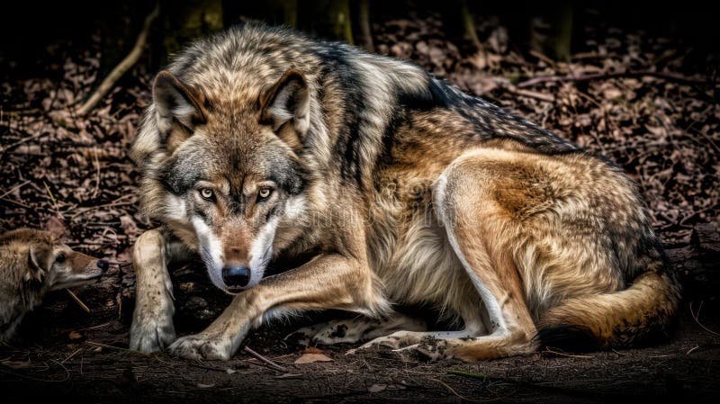 A Large Wolf and a Small Animal Sitting on the Ground, AI Stock Photo ...