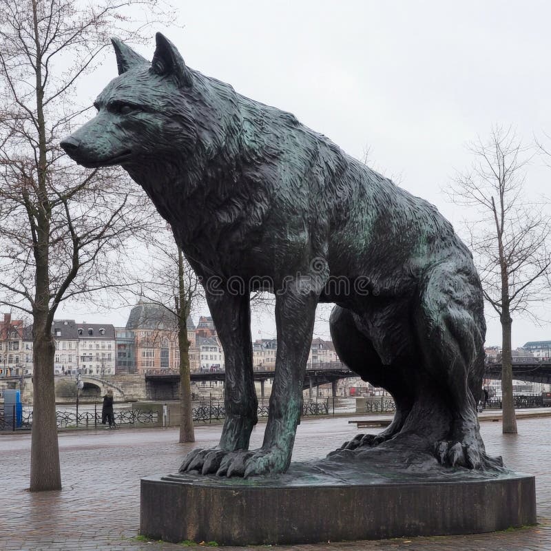 Large Wolf Statue in Urban Park on Overcast Day Stock Photo - Image of ...