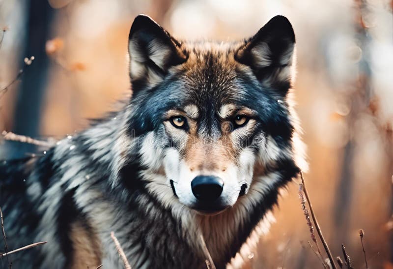 A Large Wolf in the Woods Next To Some Plants and Trees Stock ...