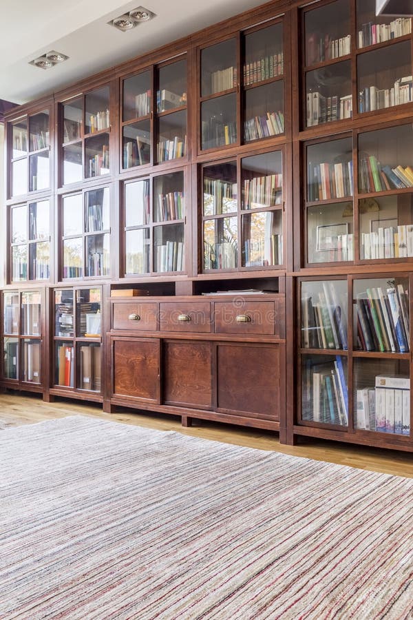 Large wooden bookcase stock photo. Image of book, hotel - 104388730