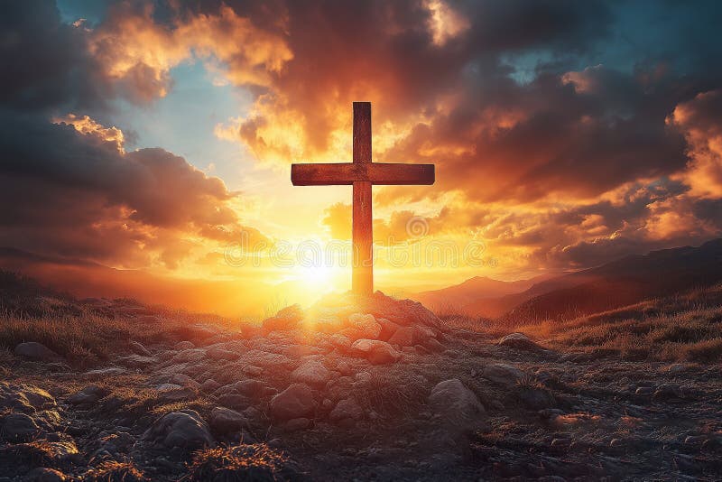 Large Wooden Cross on the Mountain, for Which the Rays of the Sunset or ...