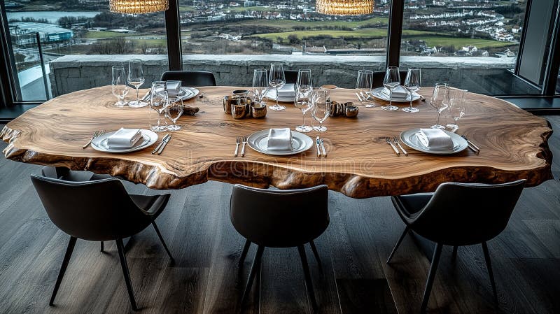 Large, Wooden Dining Table with Panoramic View Stock Illustration ...