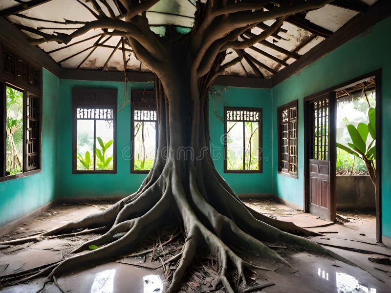 A Large Wooden House with a Large Tree on the Background of the Green ...