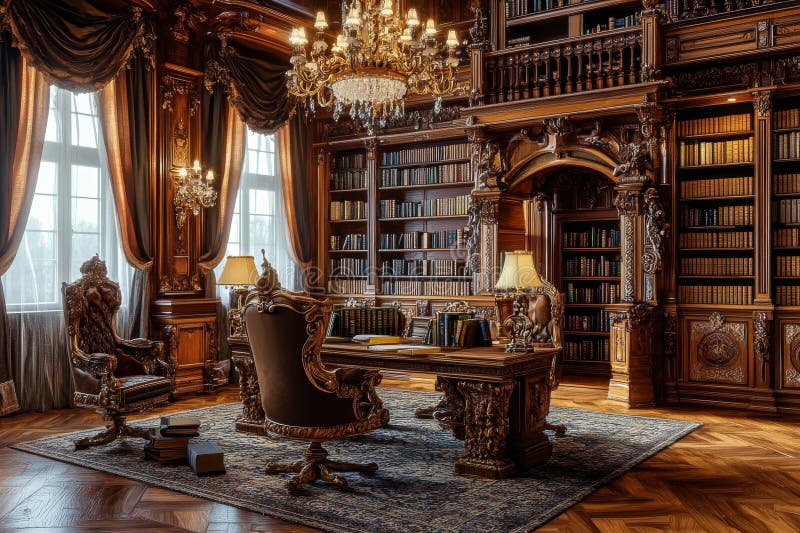 A Large Wooden Library with Bookshelves, Chairs, and a Rug Stock Photo ...