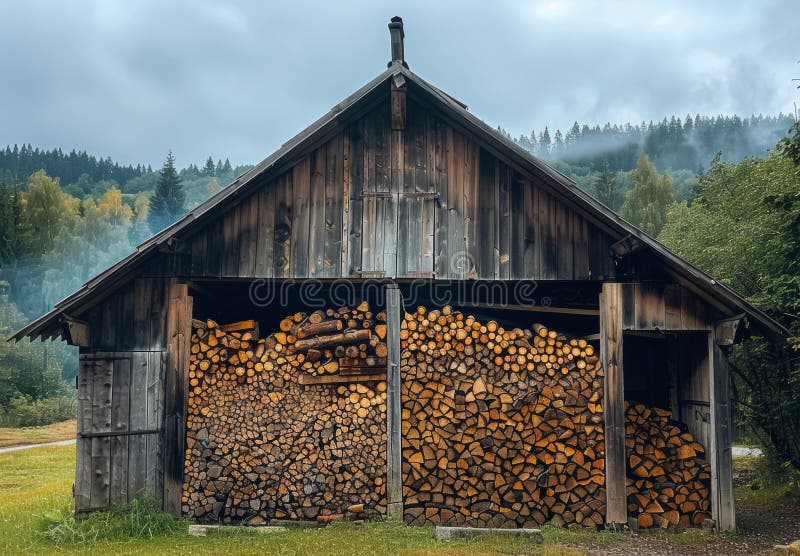 Large Wooden Shed is Filled with Firewood. Wooden Shed is Filled with ...