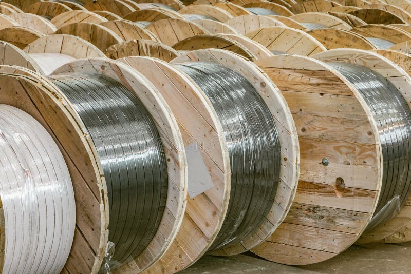 Large Wooden Spools with Cable Inside of the Plant Stock Photo - Image ...