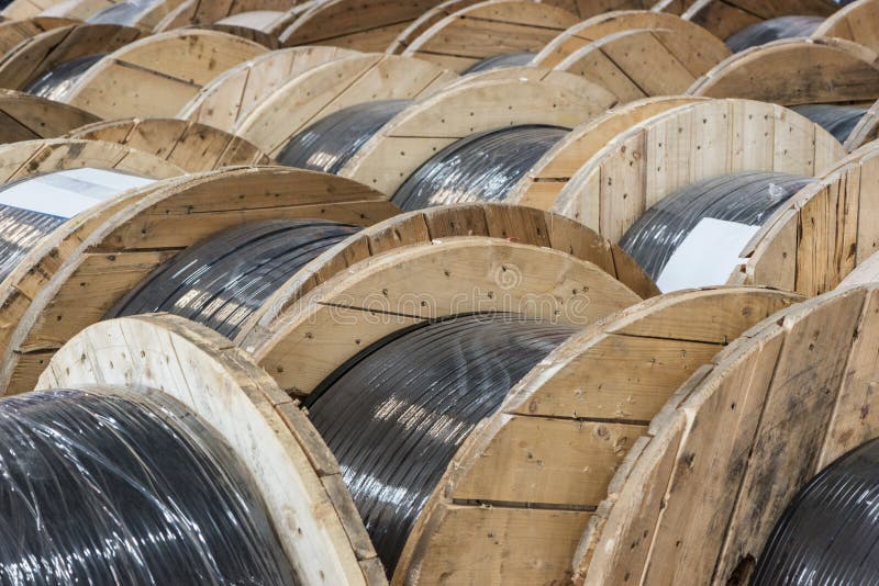 Large Wooden Spools with Cable Stock Image - Image of factory, roll ...