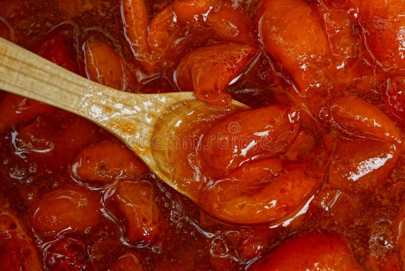 Large Wooden Spoon in Red Apricot Jam Stock Image - Image of cooking ...