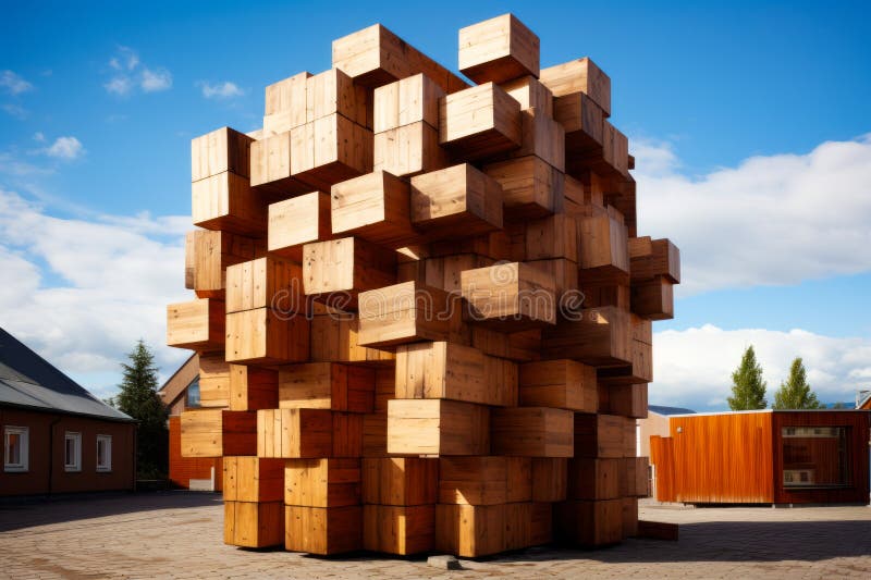 Large Wooden Structure Made of Wooden Blocks on Dirt Ground. Generative ...