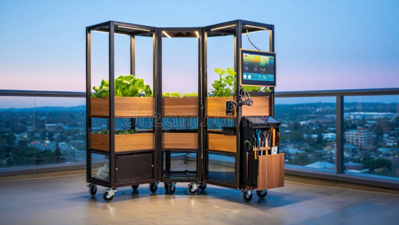 Large Wooden Structure with Wheels and a Screen on Top Stock Photo ...