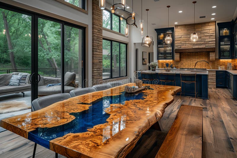 Large Wooden Table with a Centerpiece Made of Blue Epoxy Resin in a ...