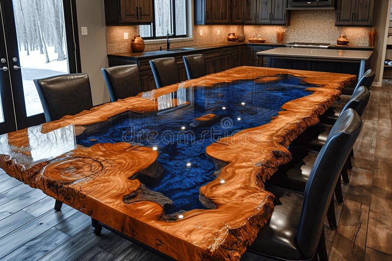 Large Wooden Table with Epoxy Resin on the Countertop in a Modern ...