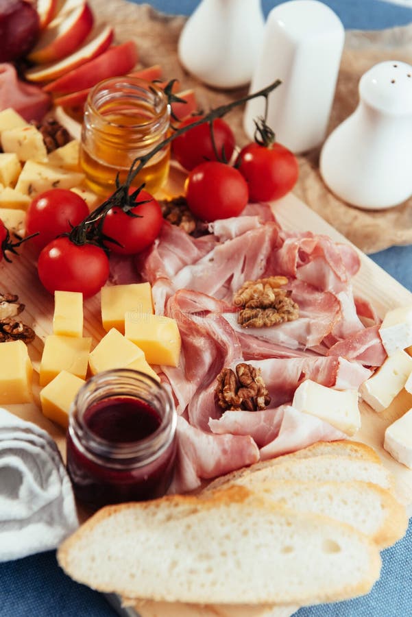 Large Wooden Table Meat, Bread and Vegetables Stock Image - Image of ...