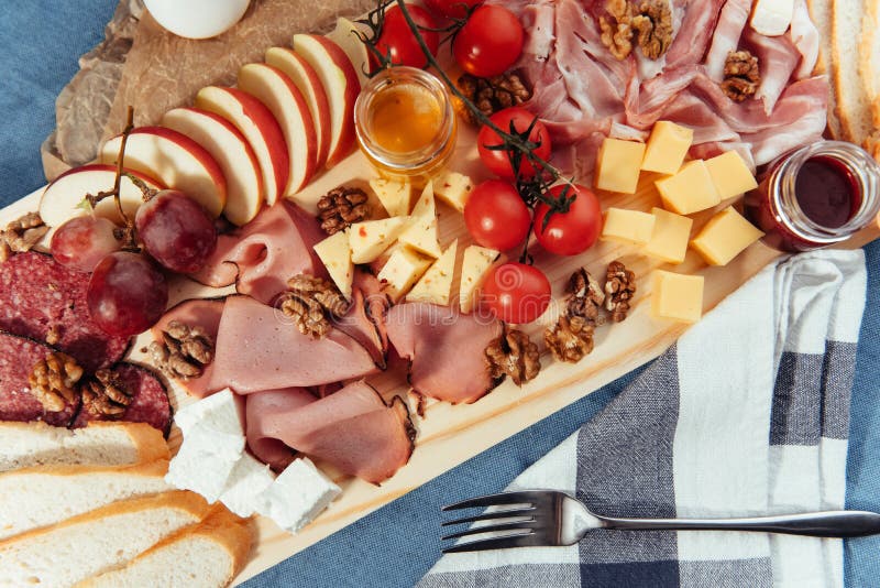 Large Wooden Table Meat, Bread and Vegetables Stock Image - Image of ...