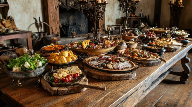 Large Wooden Table with Medieval Feasting Platters and Goblets Stock ...