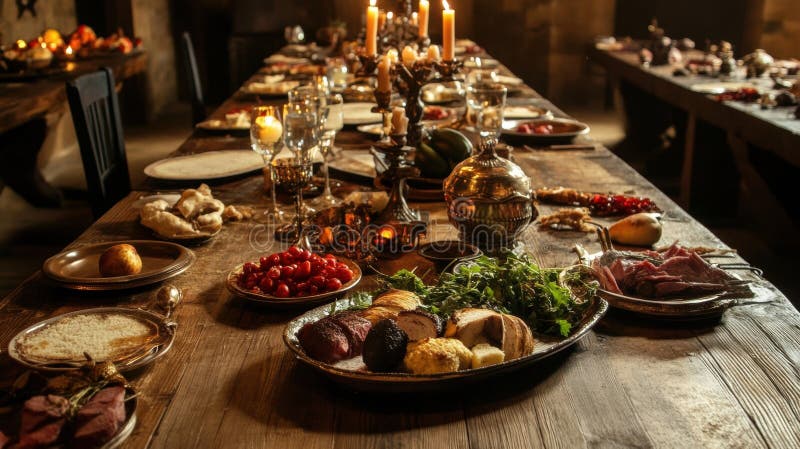 Large Wooden Table with Medieval Feasting Platters and Goblets Stock ...