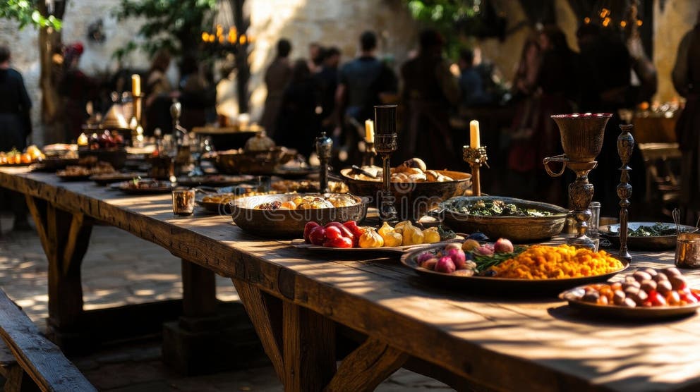 Large Wooden Table with Medieval Feasting Platters and Goblets Stock ...
