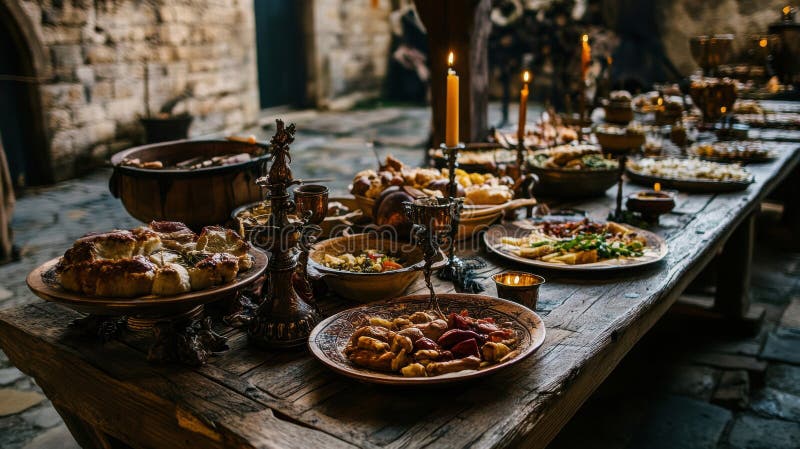 Large Wooden Table with Medieval Feasting Platters and Goblets Stock ...