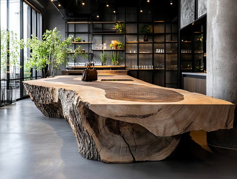 A Large Wooden Table Sitting in the Middle of a Room Stock Photo ...