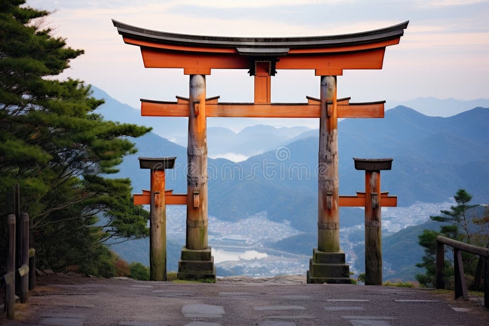 Large Wooden Torii Gate at the Base of a Mountain Stock Photo - Image ...