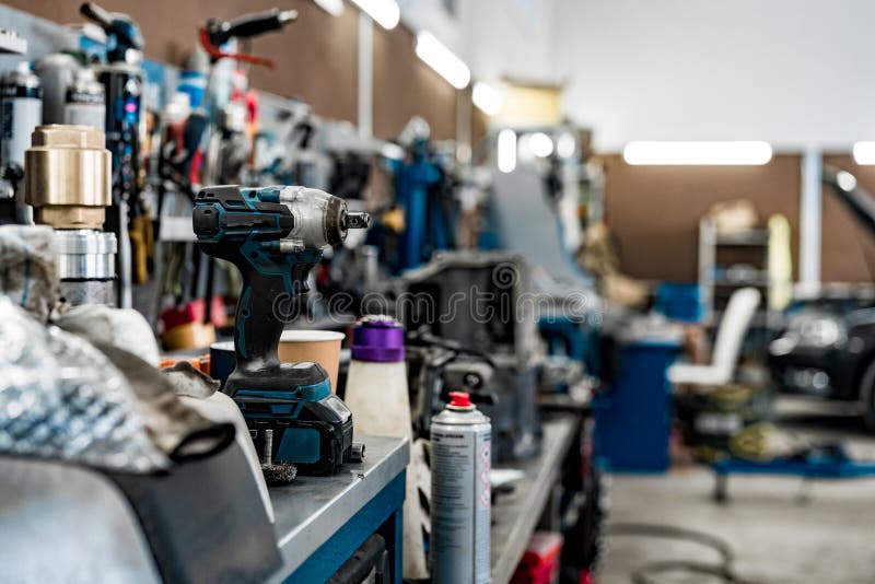 Large Workbench with Tools at Station for Vehicle Technical Servicing ...
