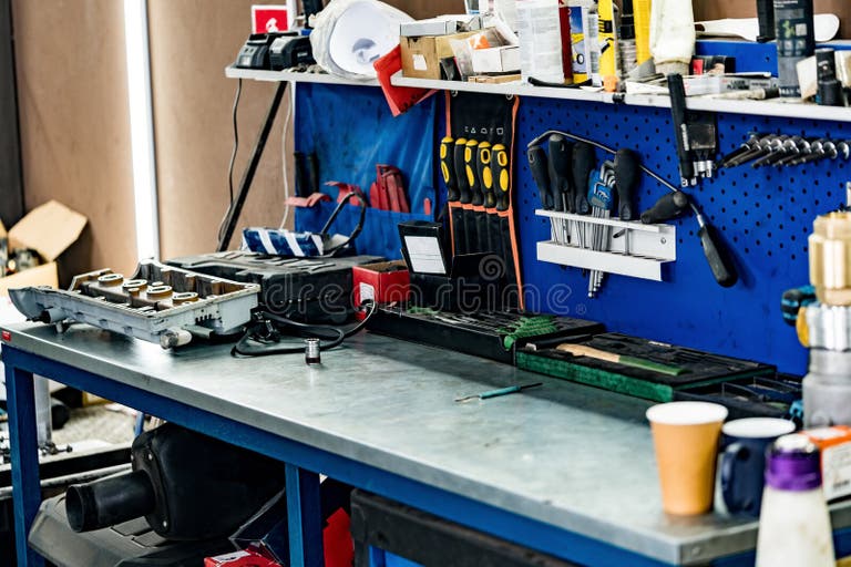 Large Workbench with Tools at Station for Vehicle Technical Servicing ...
