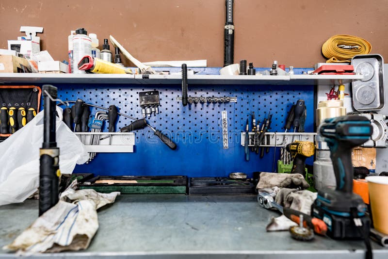 Large Workbench with Tools at Station for Vehicle Technical Servicing ...