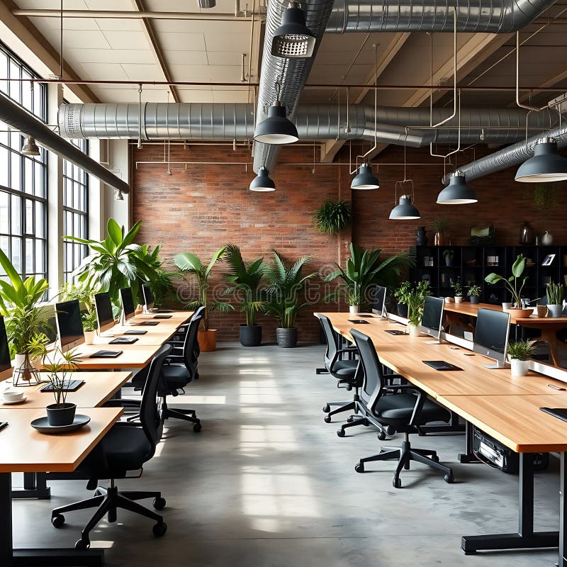 A Large Workspace with Multiple Adjustable Desks Plants and an ...