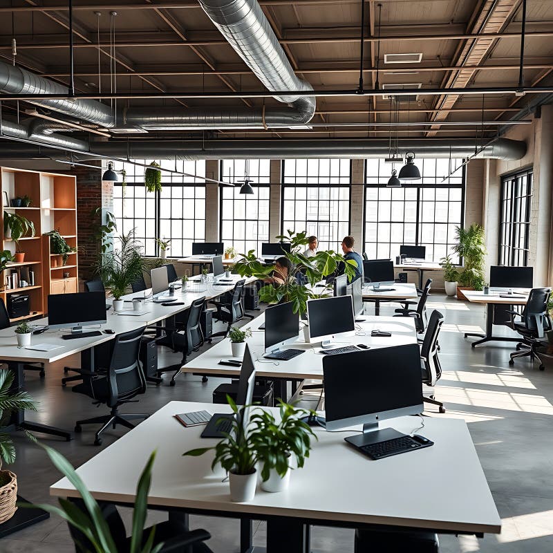 A Large Workspace with Multiple Adjustable Desks Plants and an ...