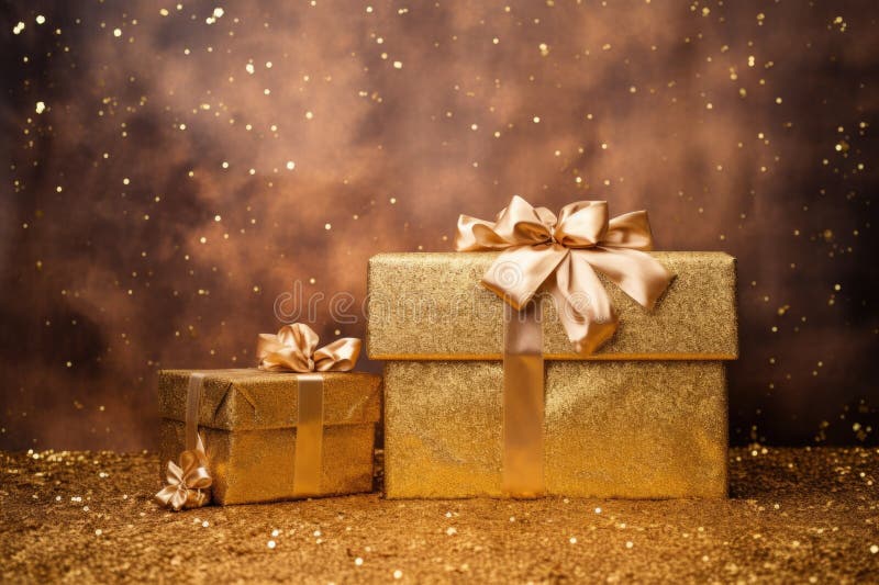 Large Wrapped Gift Box Props Against a Gold Sparkle Wall Stock Photo ...