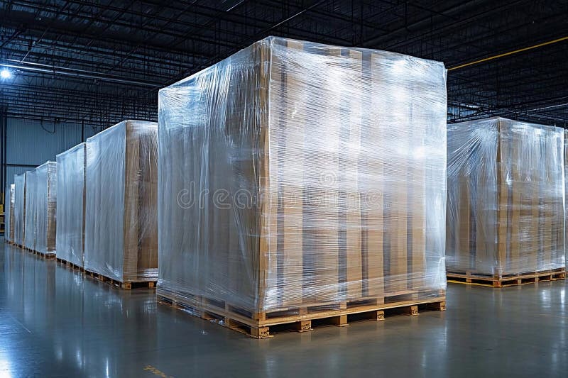 Large Wrapped Pallets Stored in a Warehouse during Nighttime Operations ...