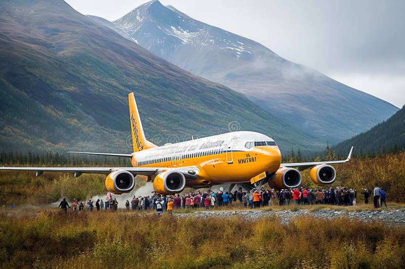 Large Yellow Airplane Attracting Crowd on Runway - AI Generative Stock ...