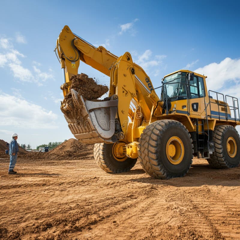 A Large Yellow Backhoe Loader is Actively Moving Soil on a Construction ...
