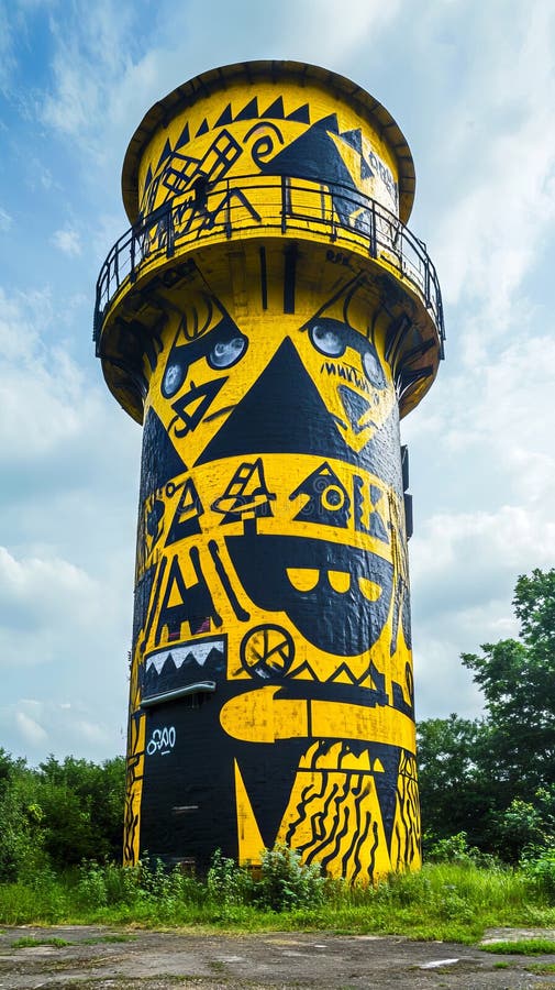 A Large Yellow and Black Tower with Graffiti on it Stock Image - Image ...