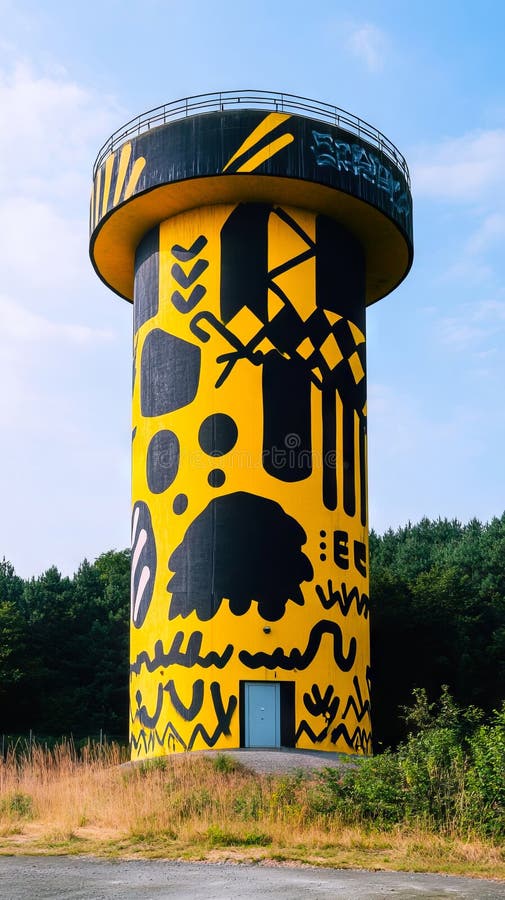 A Large Yellow and Black Water Tower with Graffiti on it Stock Image ...